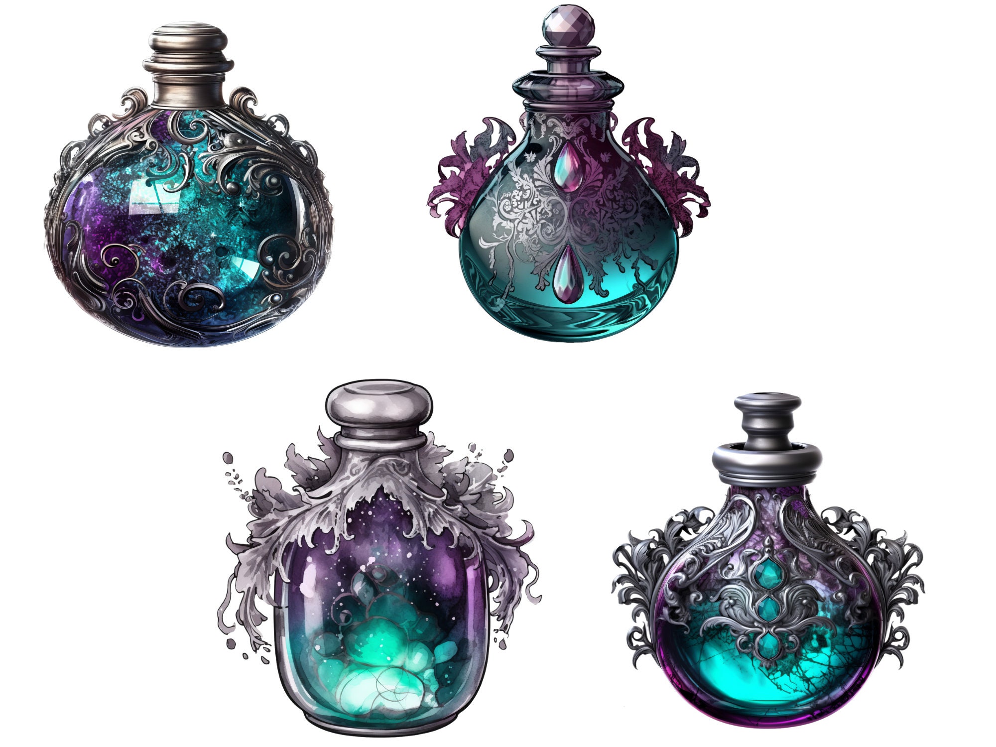 Teal Potion Bottles Witchy Clipart Potion Bottles Magic - Etsy