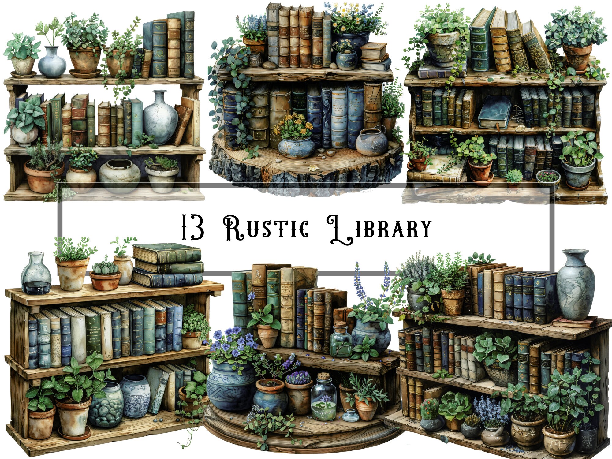 Watercolour Rustic Library Clipart Bundle, Magical Books Clipart ...