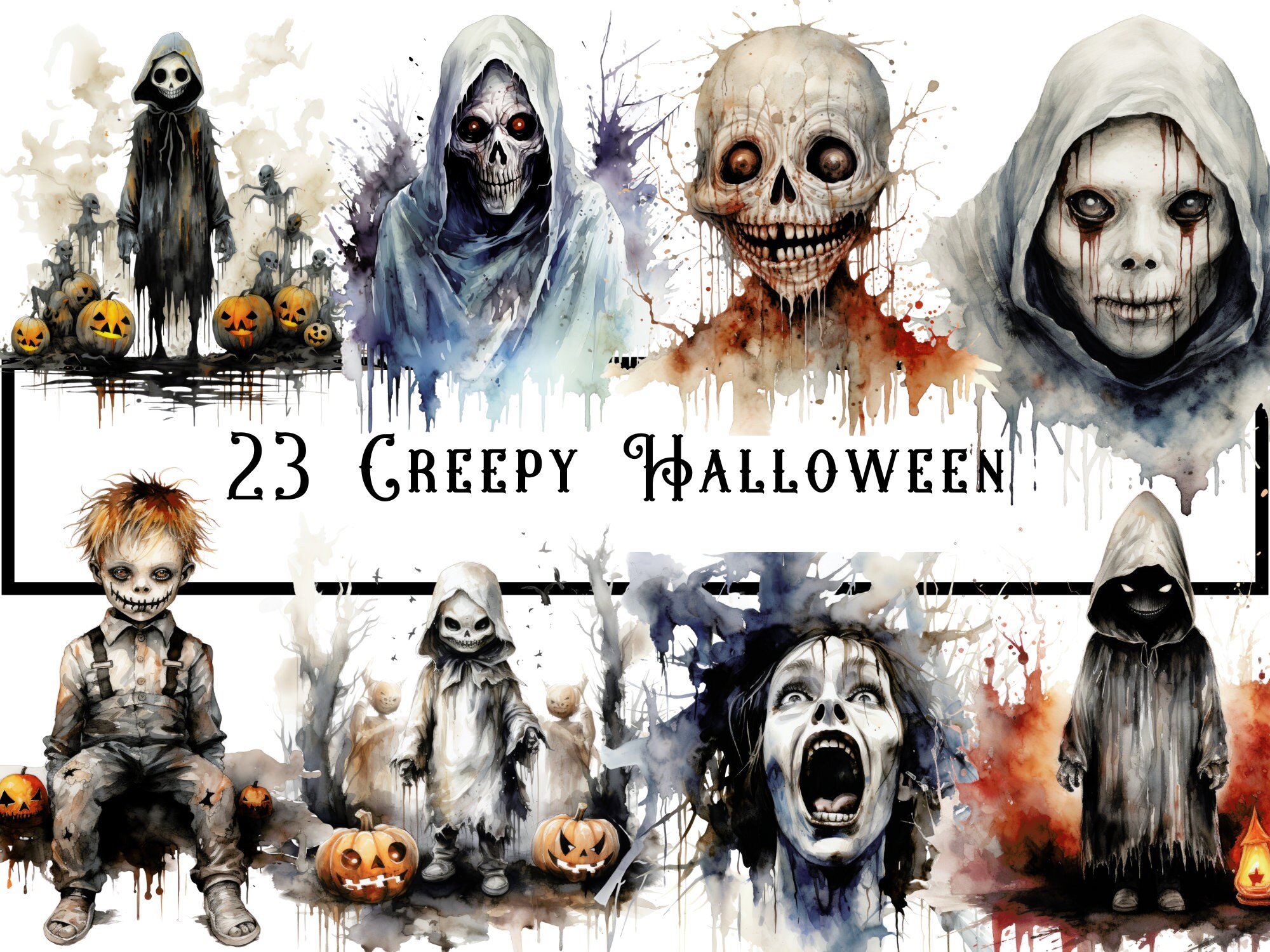 Watercolor Creepy Halloween Clipart Bundle, Spooky Clipart, Horror ...