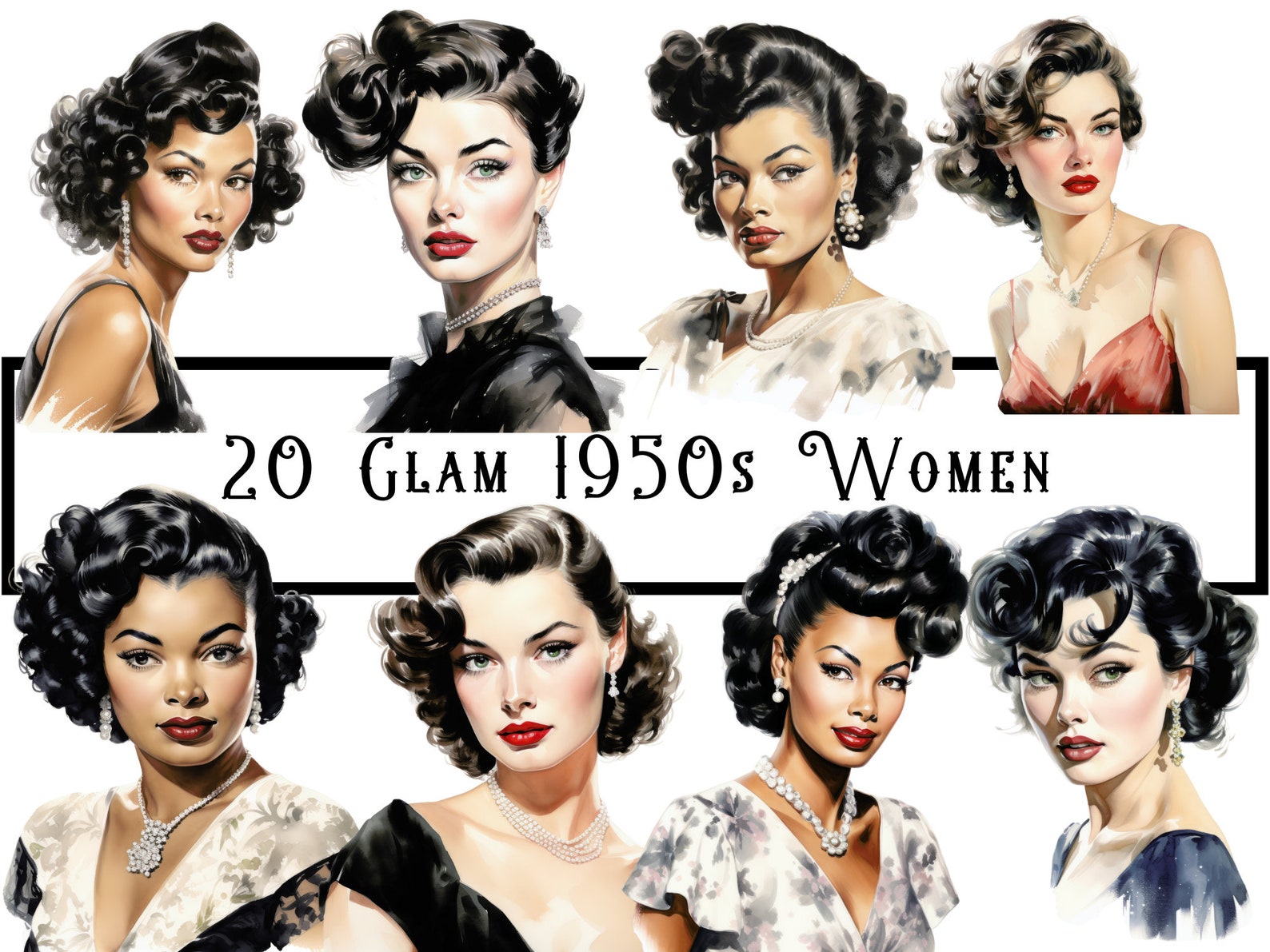Watercolor Glamorous Women Clipart Bundle, 1950s Era Clipart, Vintage ...