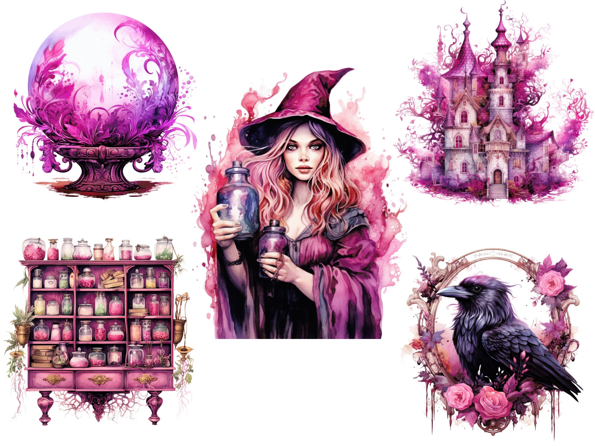 Pink Witch Watercolour Clipart Witch Clipart Magical - Etsy