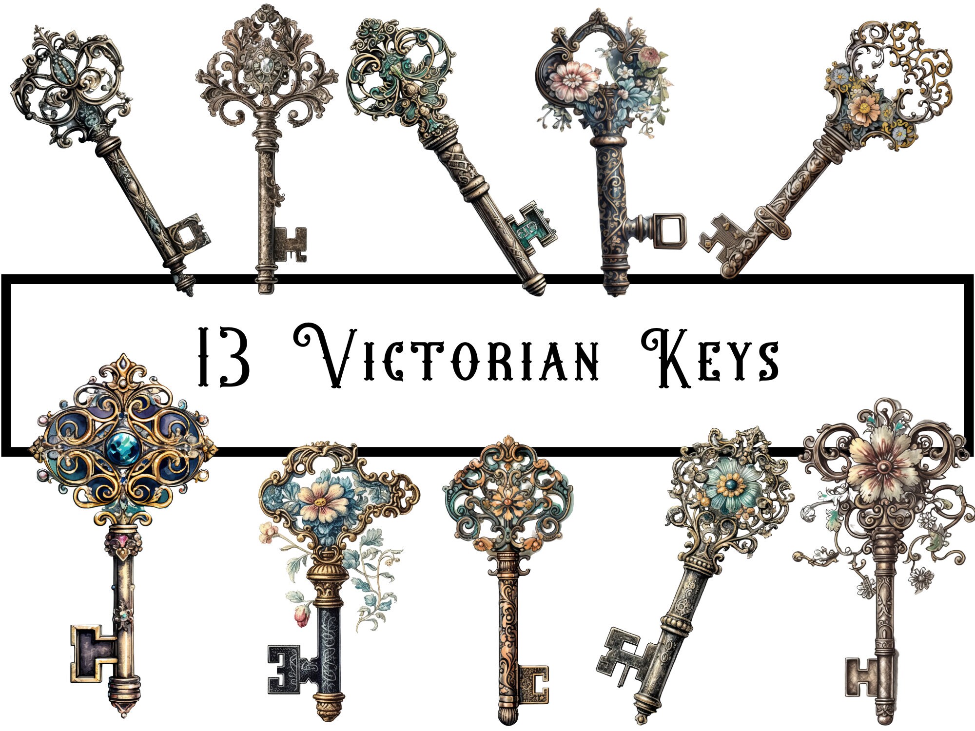 Watercolour Victorian Keys Clipart, Victorian Clip Art, Skeleton Keys ...
