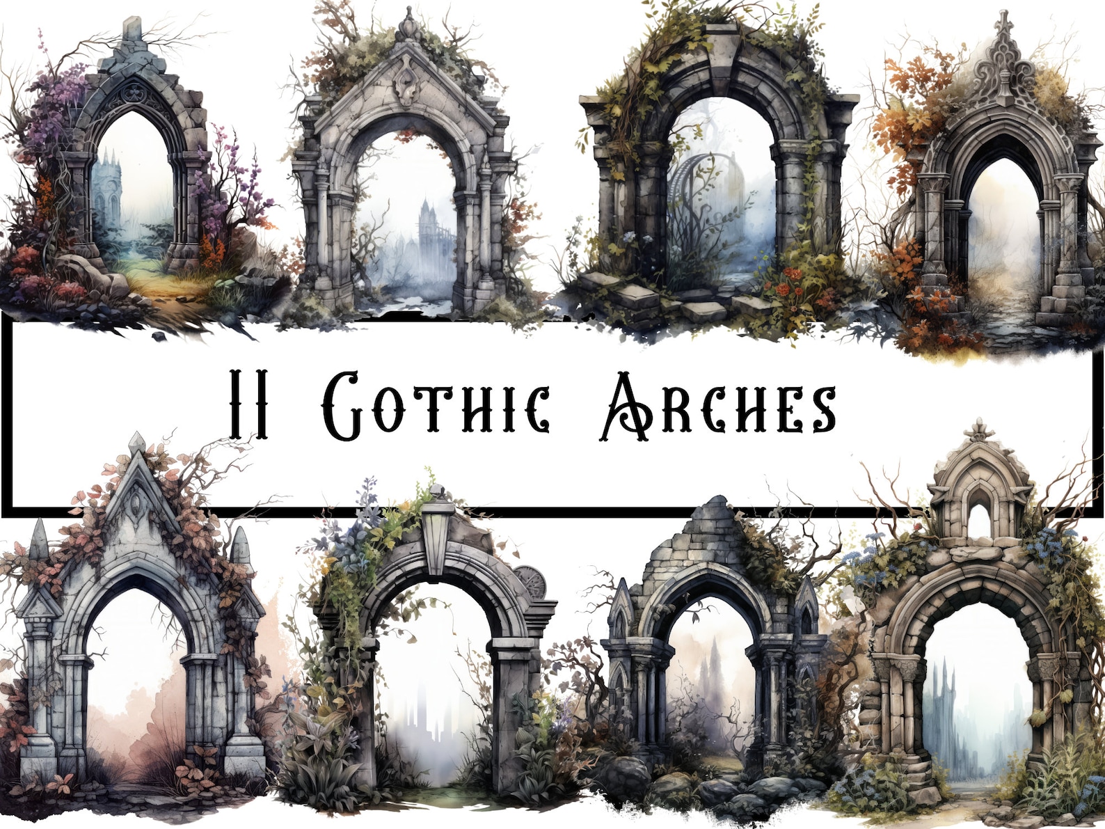 Watercolour Gothic Arches Clipart, Witch Clipart, Goth Clipart, Spooky ...