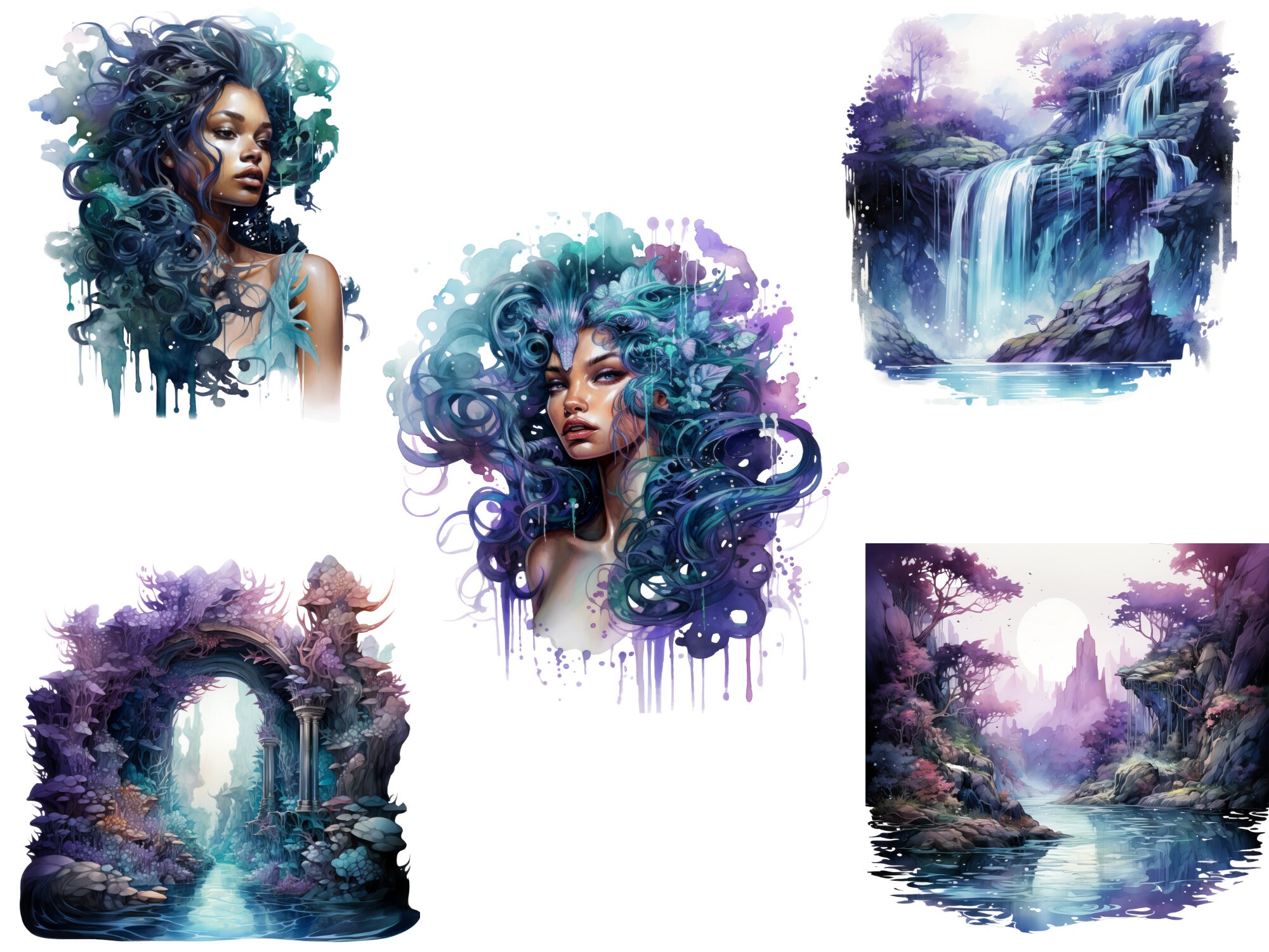 Watercolour Blue Mermaid Clipart Bundle, Mermaid Png, Fantasy Clipart ...