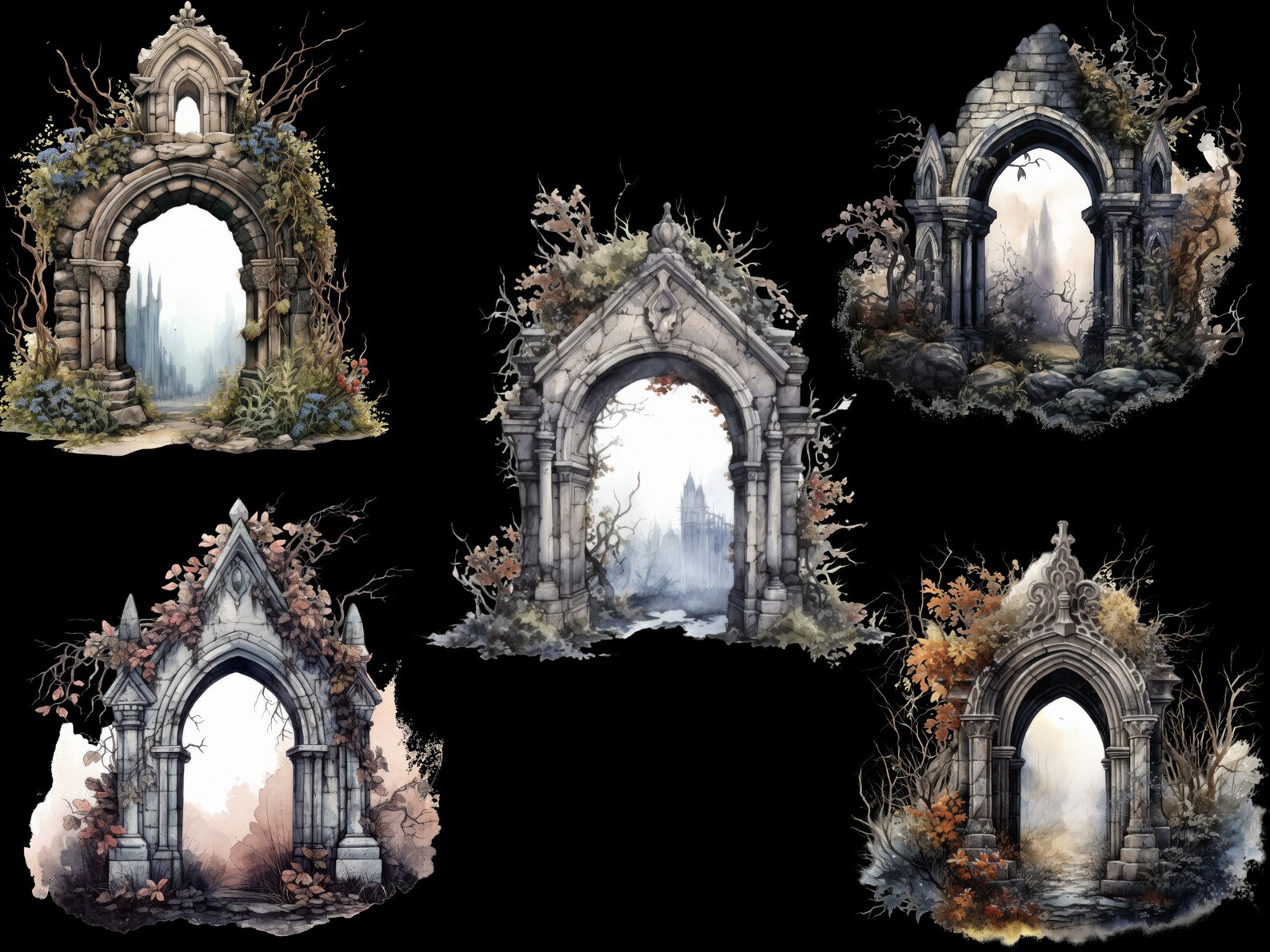 Watercolour Gothic Arches Clipart, Witch Clipart, Goth Clipart, Spooky ...