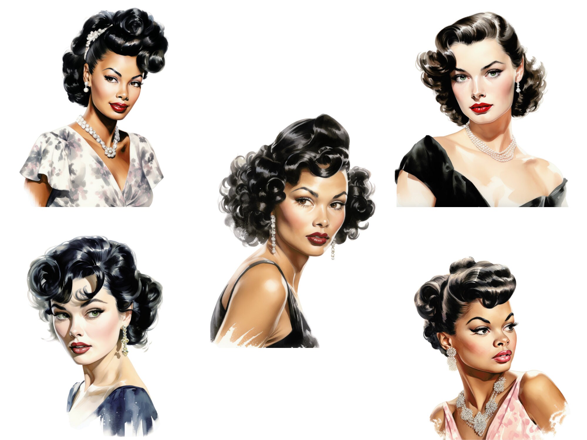Watercolor Glamorous Women Clipart Bundle, 1950s Era Clipart, Vintage ...