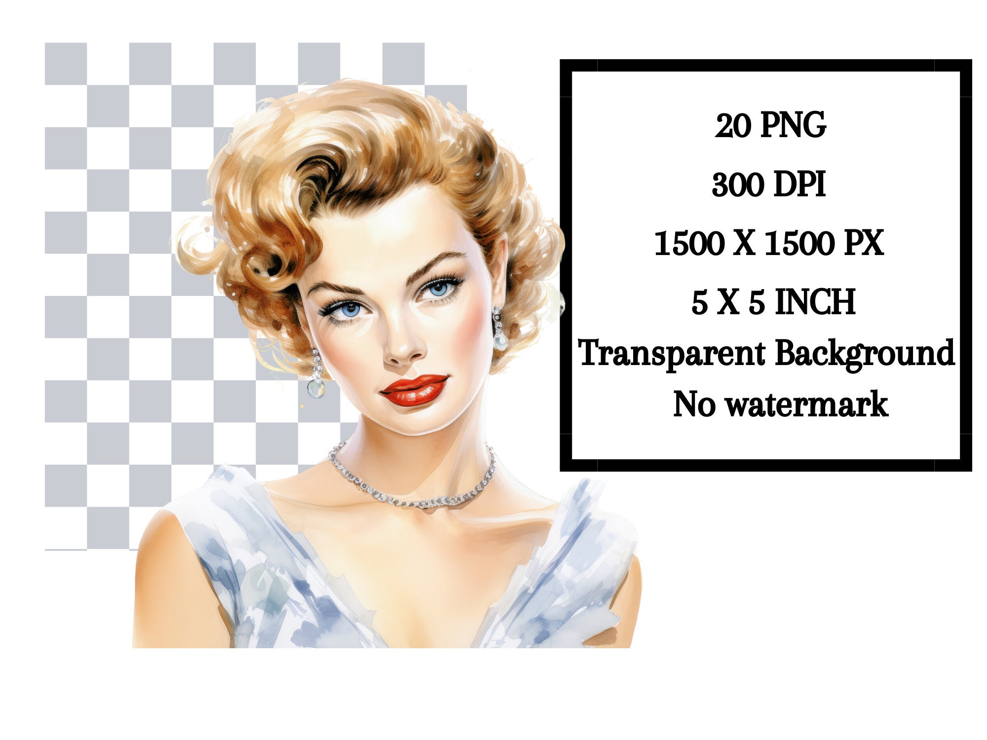 Watercolor Glamorous Women Clipart Bundle, 1950s Era Clipart, Vintage ...