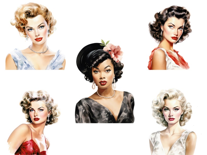 Watercolor Glamorous Women Clipart Bundle, 1950s Era Clipart, Vintage ...