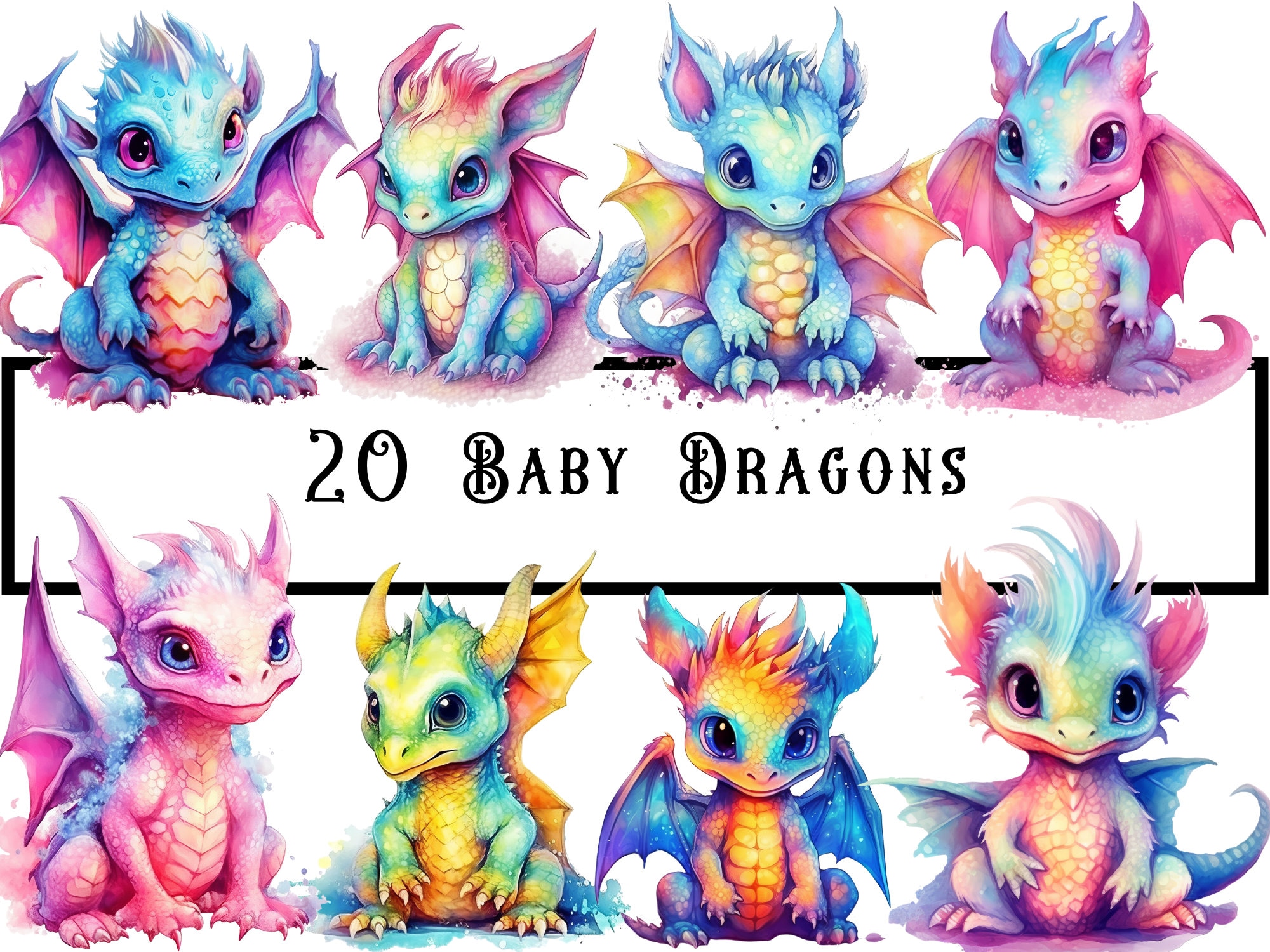 Watercolour Colourful Cute Baby Dragons Clipart Mystical - Etsy