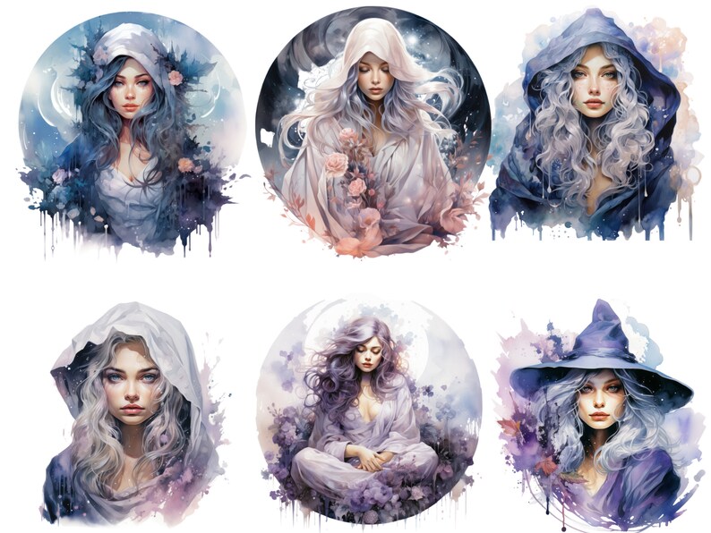Watercolour Lunar Witches Clipart Bundle Witch Stickers - Etsy