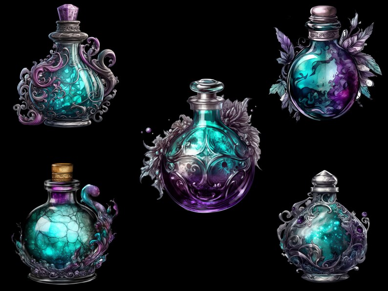 Teal Potion Bottles, Witchy Clipart, Potion Bottles, Magic Potion, Teal ...