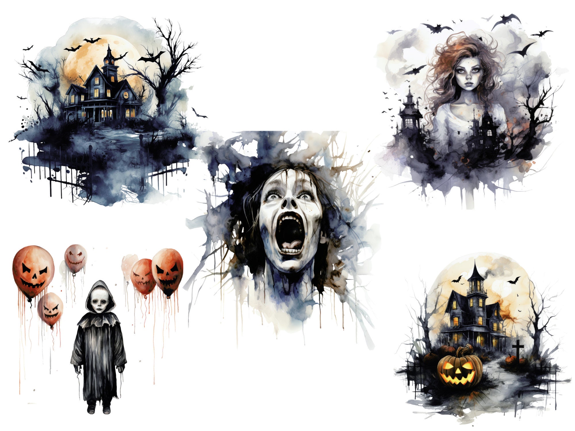 Watercolor Creepy Halloween Clipart Bundle, Spooky Clipart, Horror ...