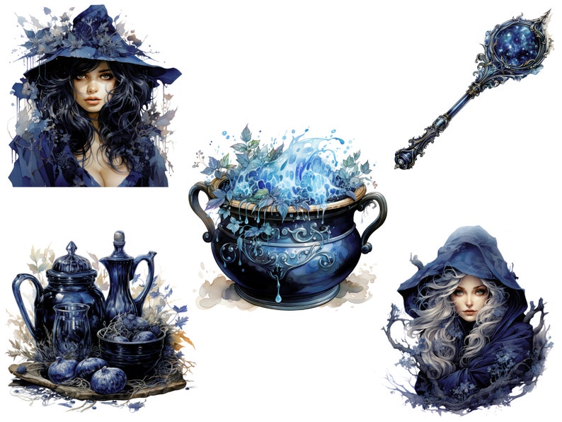 Watercolor Blue Witch Clipart Bundle, Witchy Clipart, Celestial Clipart ...