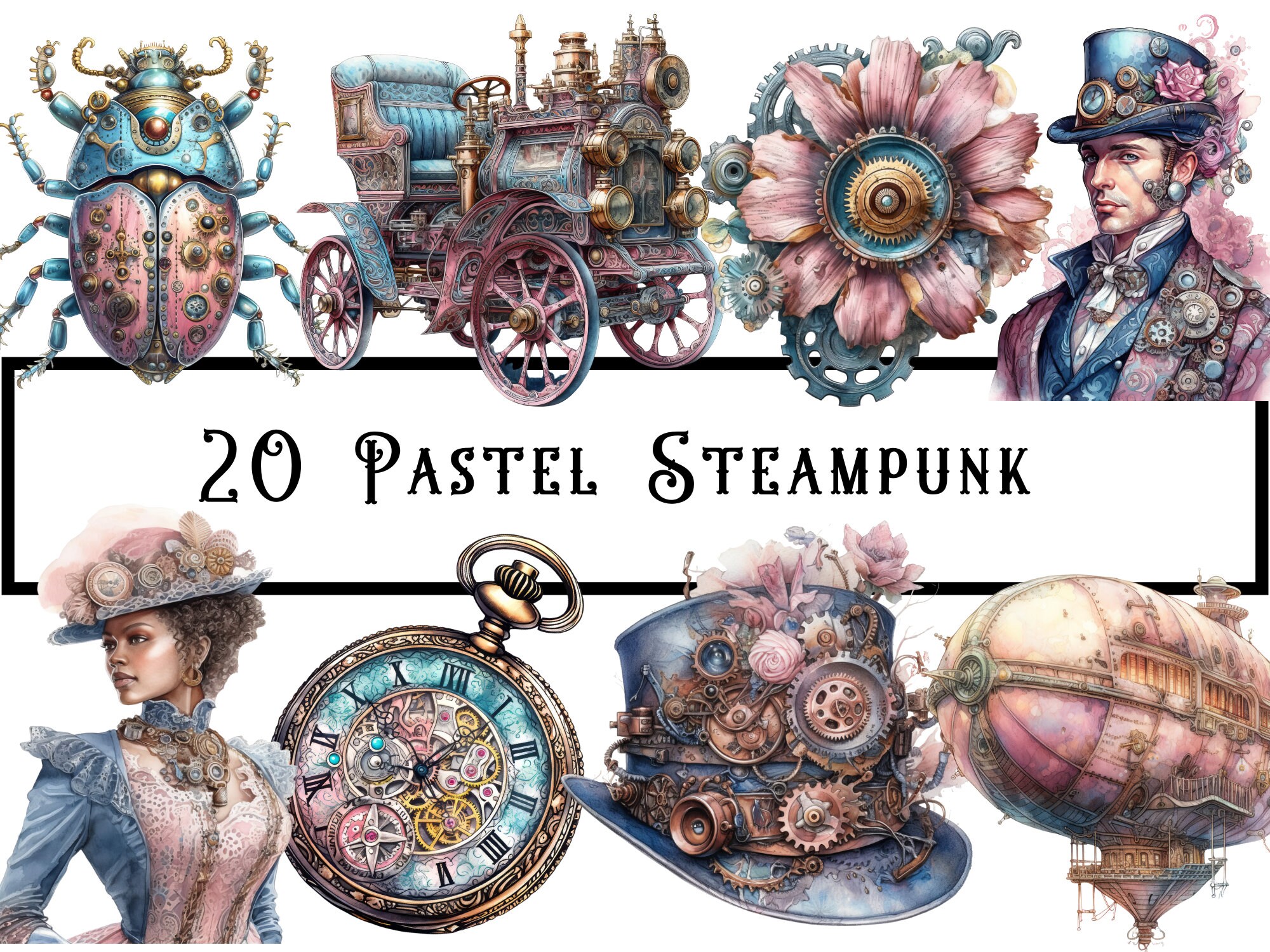 Watercolour Pastel Steampunk Clipart, Victorian PNG, Steampunk Digital ...