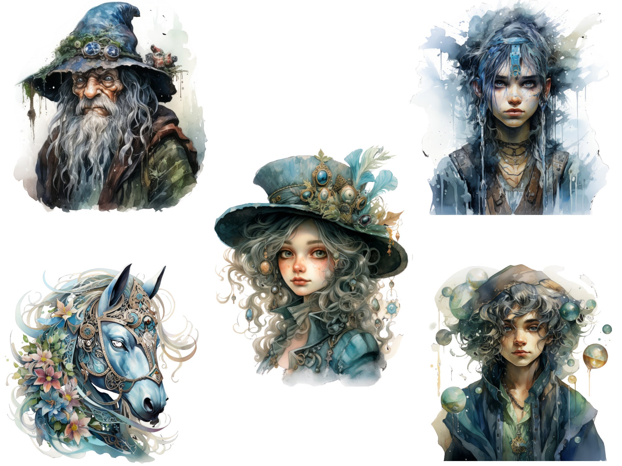 Watercolour Fantasy Portraits Clipart Bundle, Magical Mythical Images ...