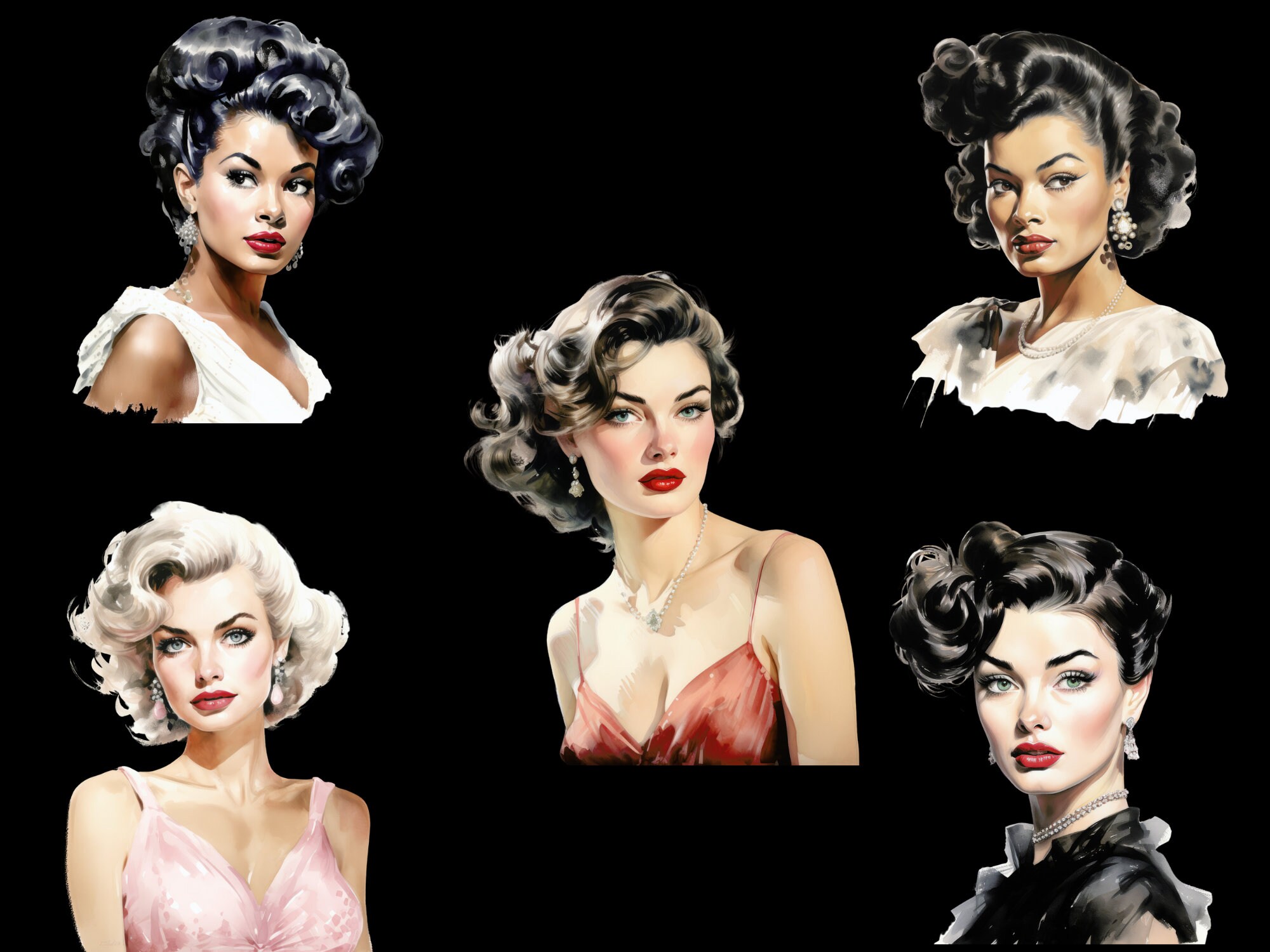 Watercolor Glamorous Women Clipart Bundle, 1950s Era Clipart, Vintage ...