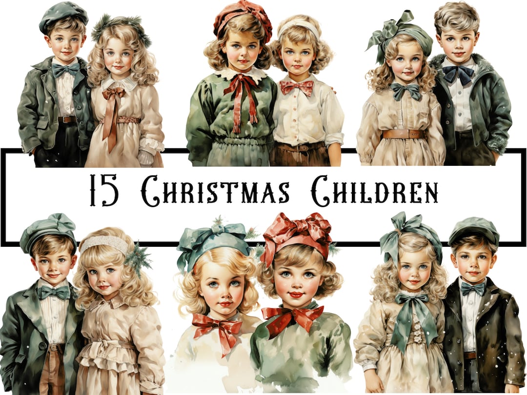 Retro Christmas Children Clipart Bundle, Vintage Christmas Images ...