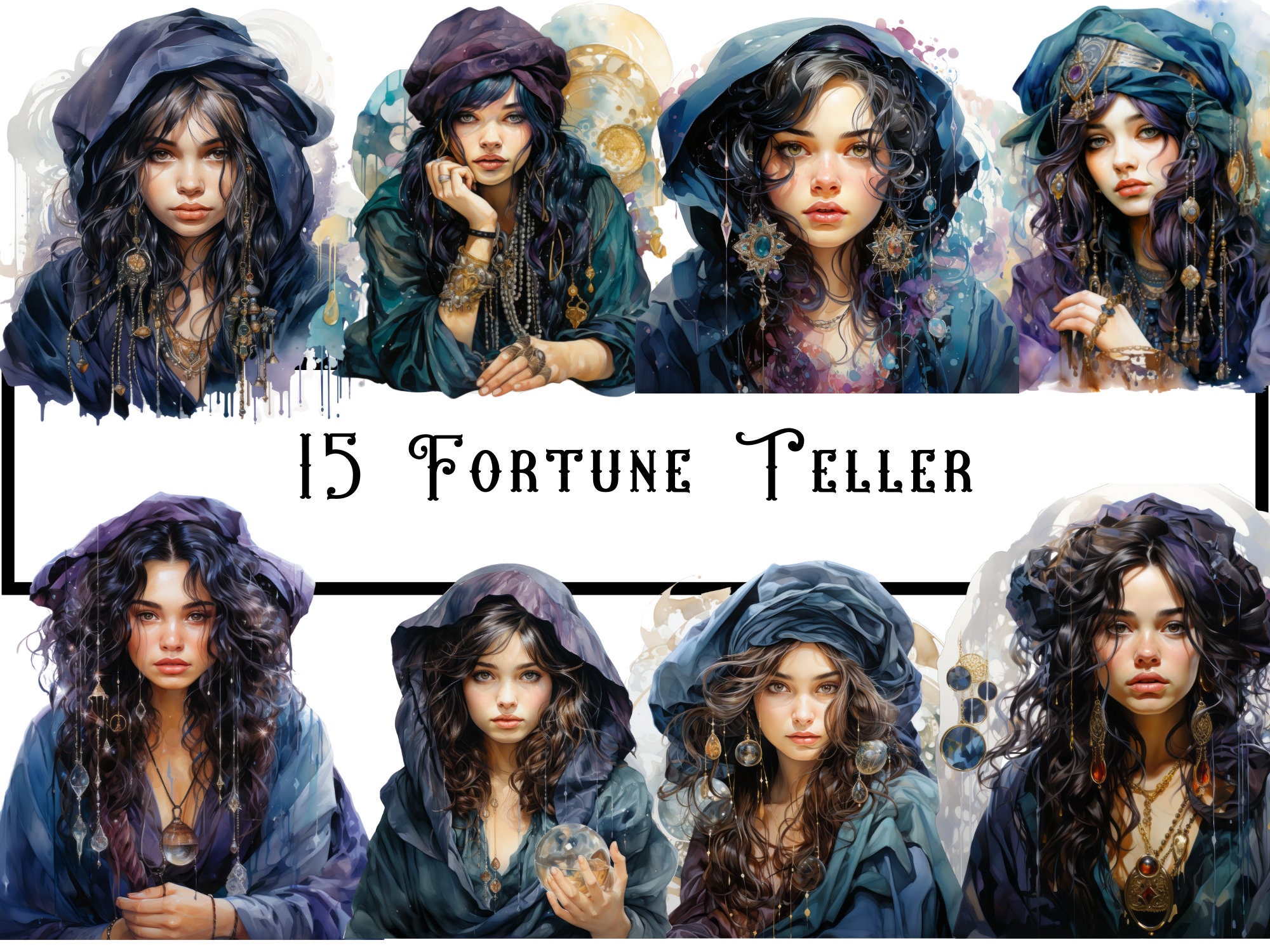 Watercolour Fortune Teller Clipart, Tarot Reading Clipart, Witch Junk ...