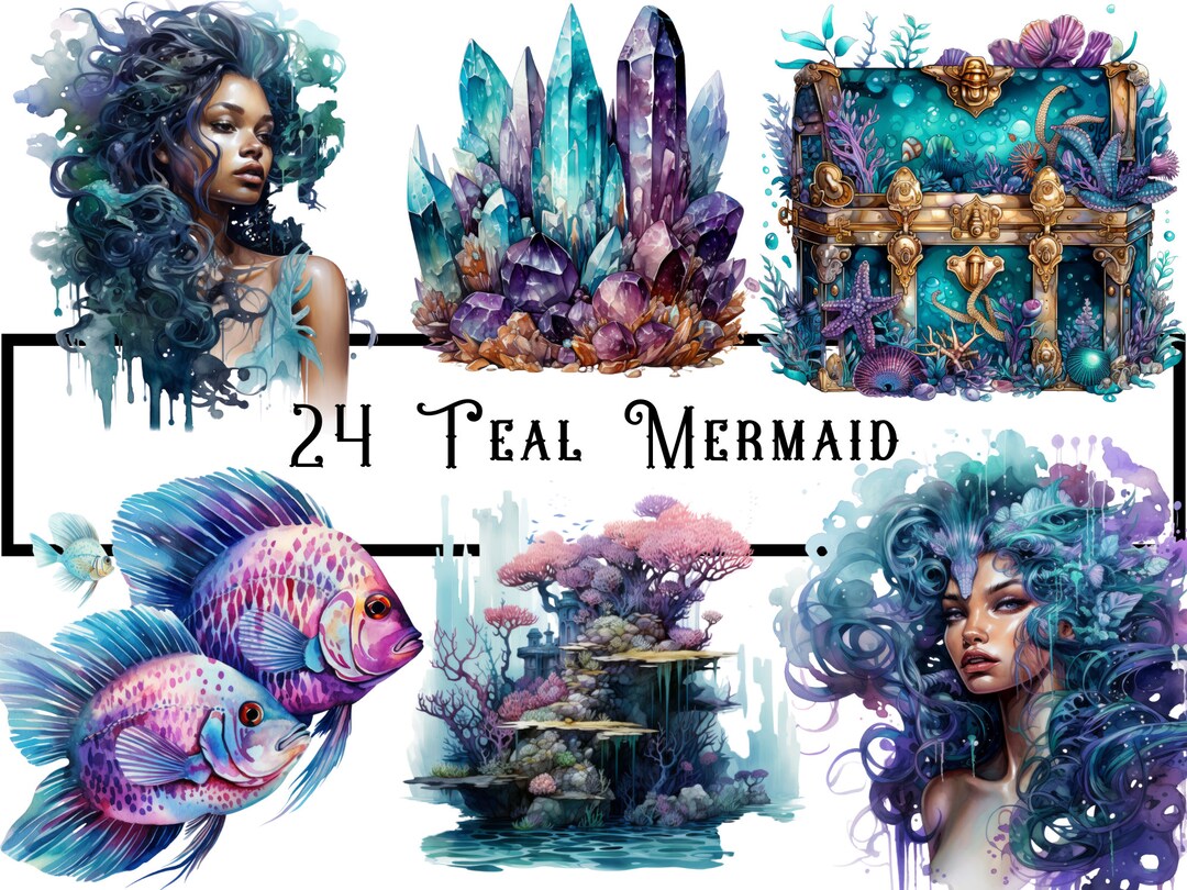 Watercolour Blue Mermaid Clipart Bundle, Mermaid Png, Fantasy Clipart ...