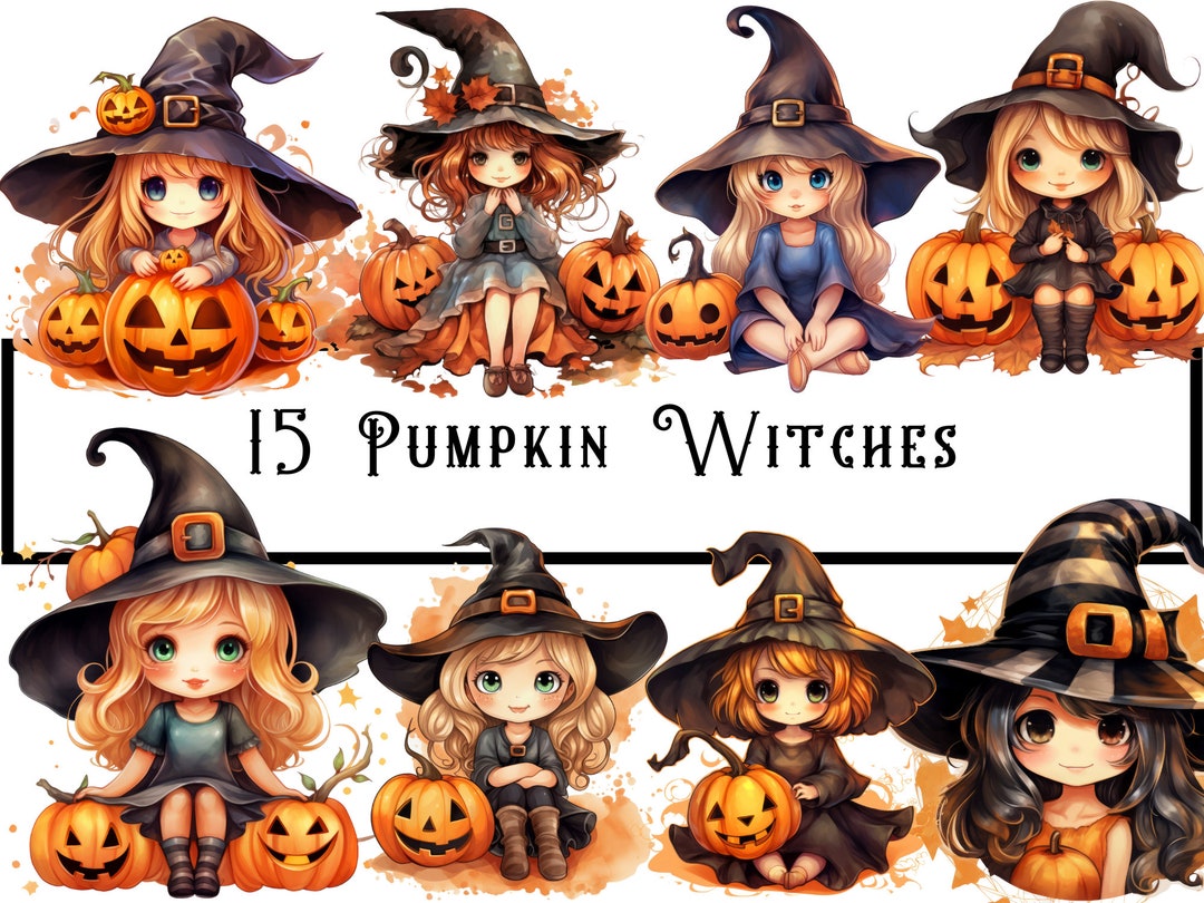 Watercolour Pumpkin Witch Clipart Bundle, Spooky Clipart, Fantasy Magic ...
