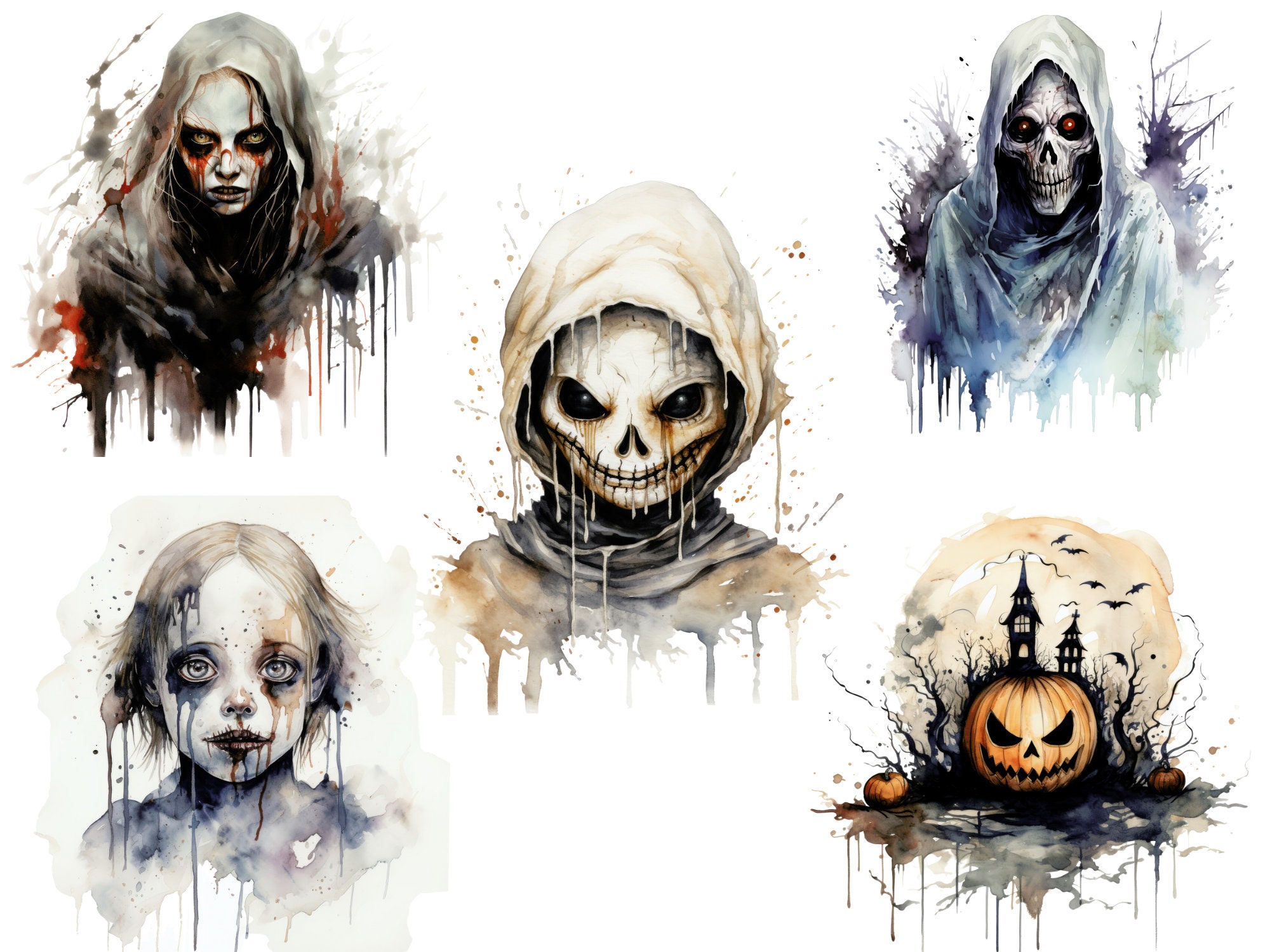 Watercolor Creepy Halloween Clipart Bundle, Spooky Clipart, Horror ...