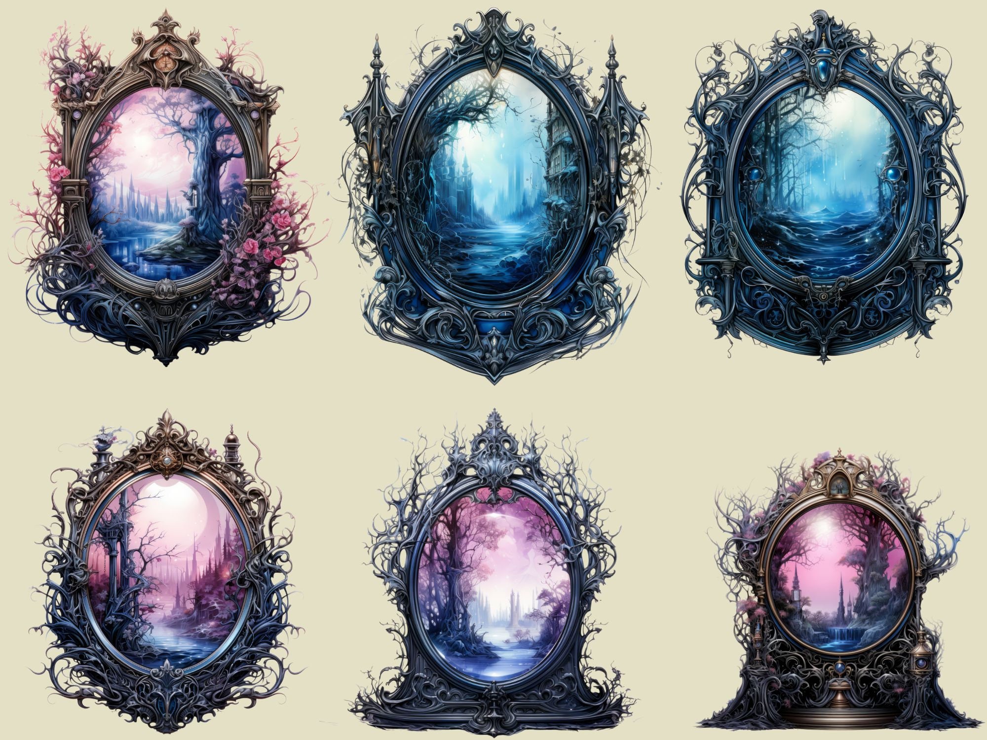 Watercolour Magic Mirror Clipart Antique Mirror Witch - Etsy