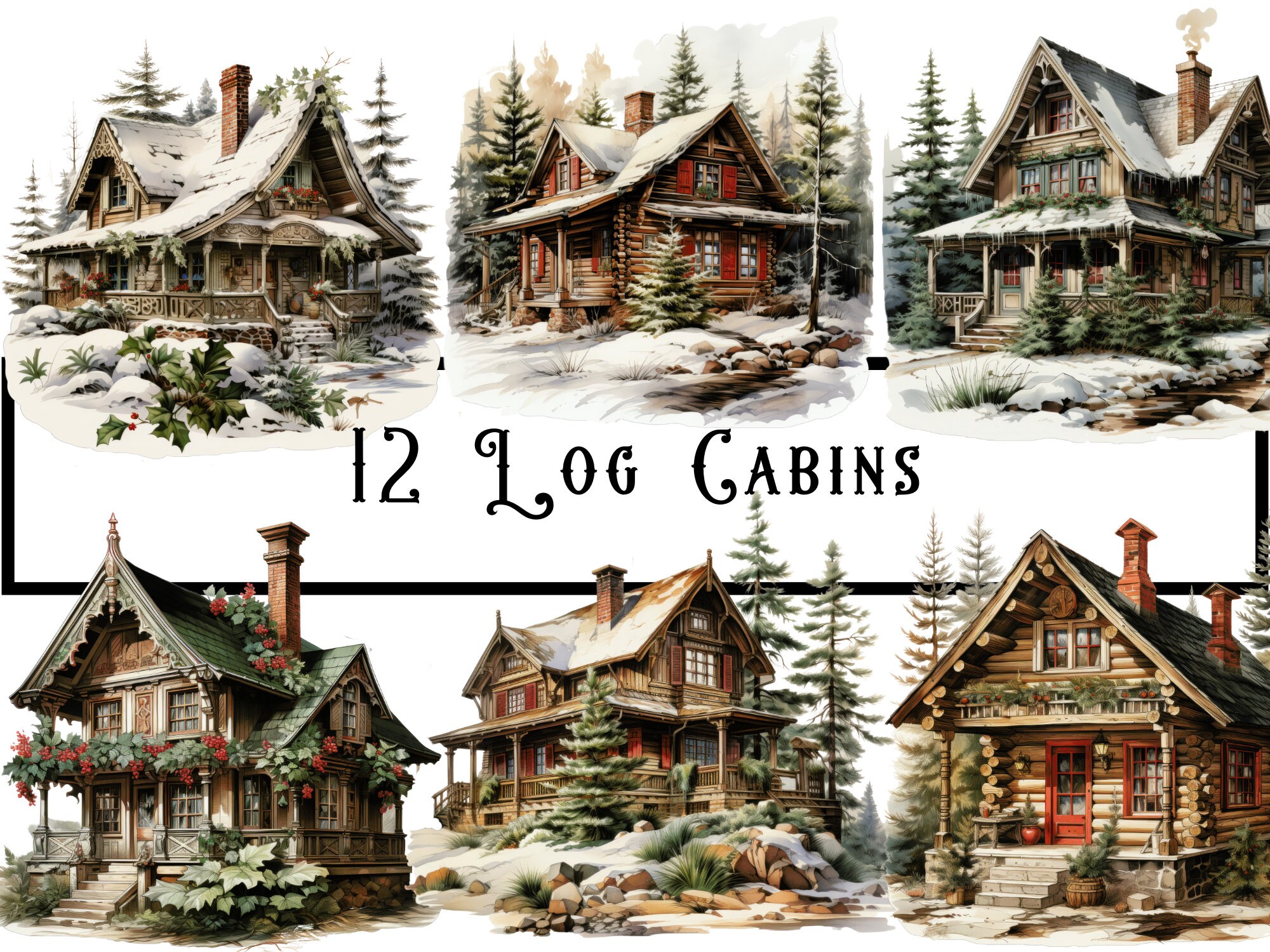 Watercolor Log Cabin Clipart Bundle Winter Clipart Christmas - Etsy