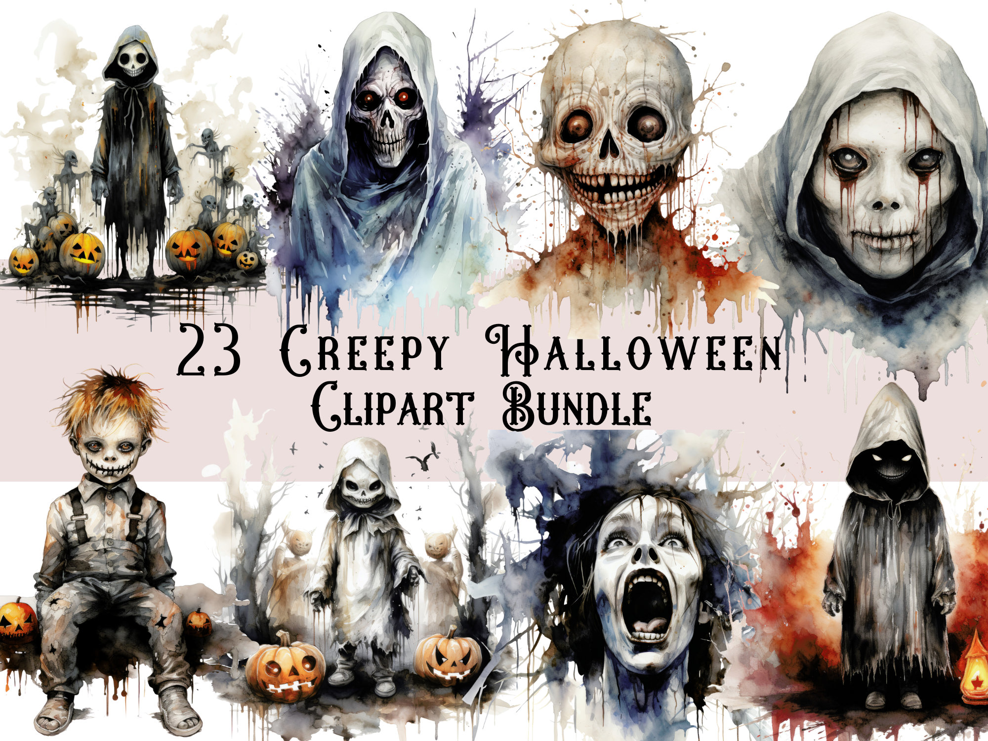 Watercolor Creepy Halloween Clipart Bundle Spooky Clipart - Etsy