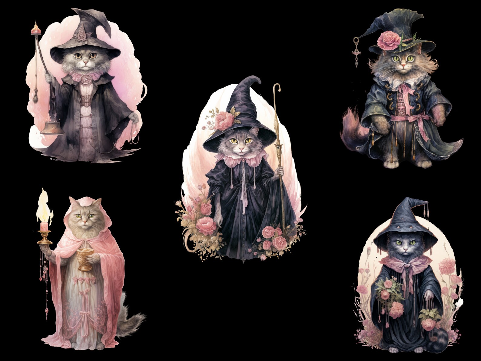 Watercolour Witch Cats Clipart, Witchcraft Clipart, Fantasy Magic ...