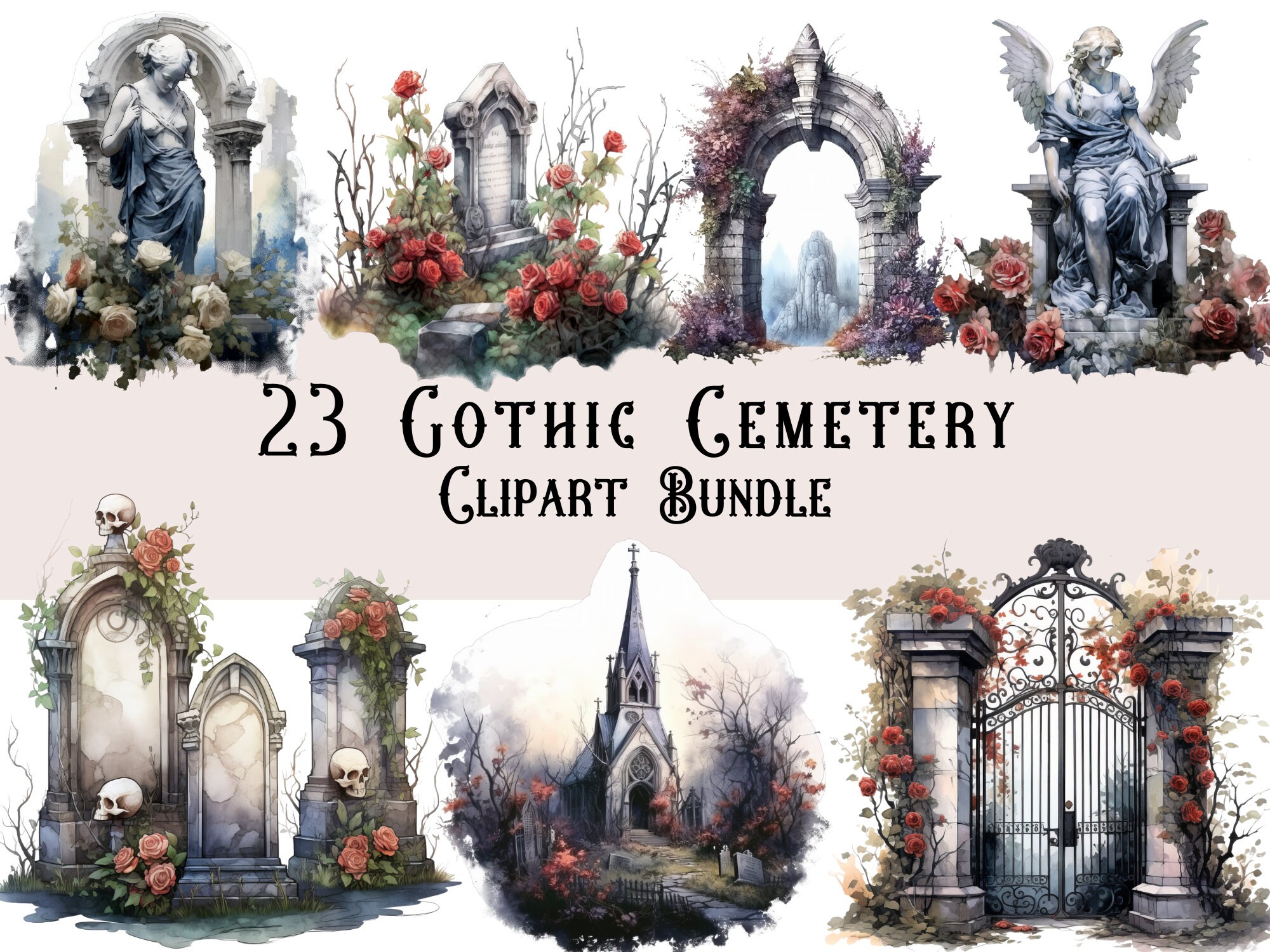 Watercolour Gothic Cemetery Clipart Gothic Clipart Spooky - Etsy