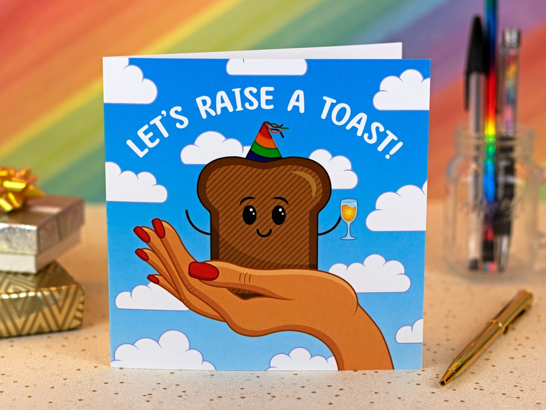 Raise A Toast Birthday Card Cute Funny Bread Unisex Card Fun Colourful ...