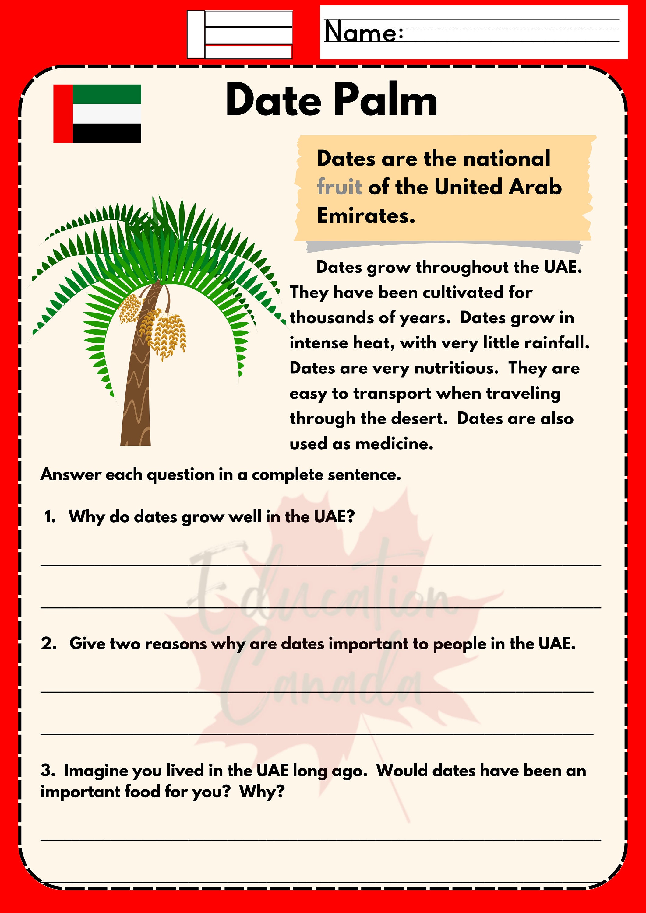 UAE Teaching Resource National Symbols Comprehension Worksheet - Etsy