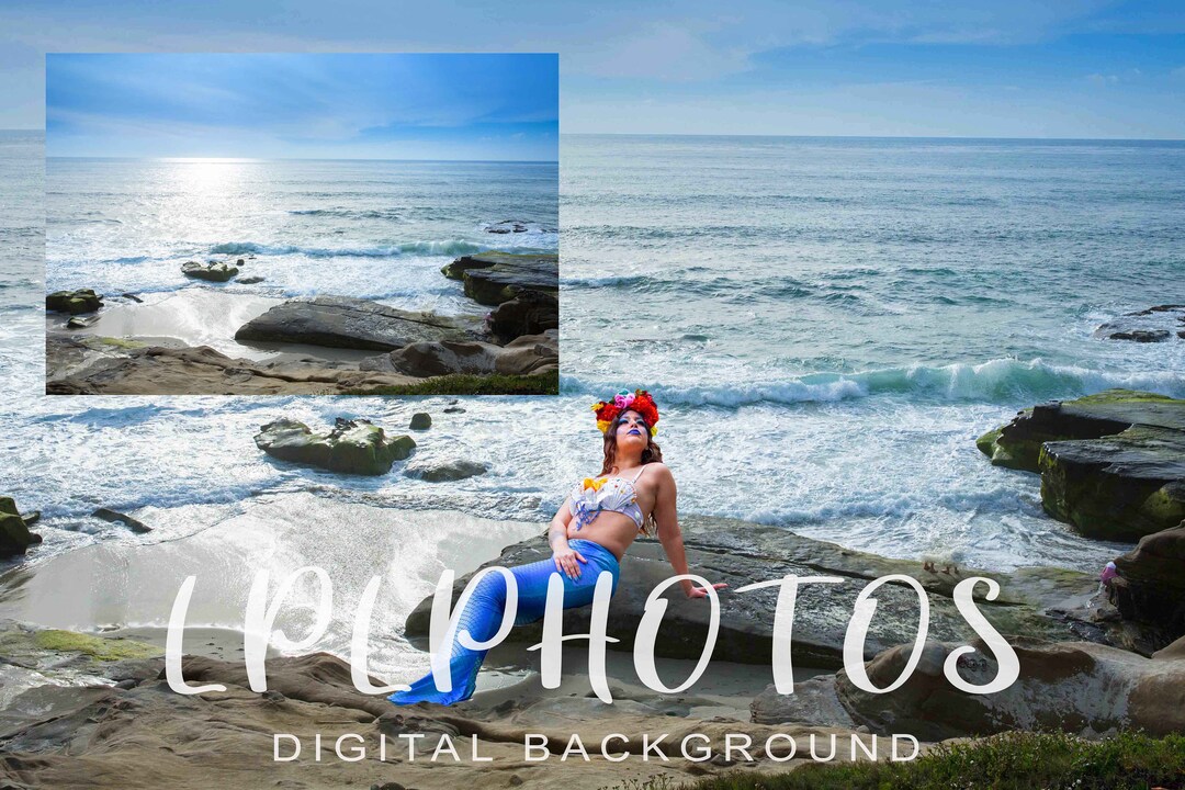Beach Digital Background, Blue Ocean, Flat Rocks - Etsy
