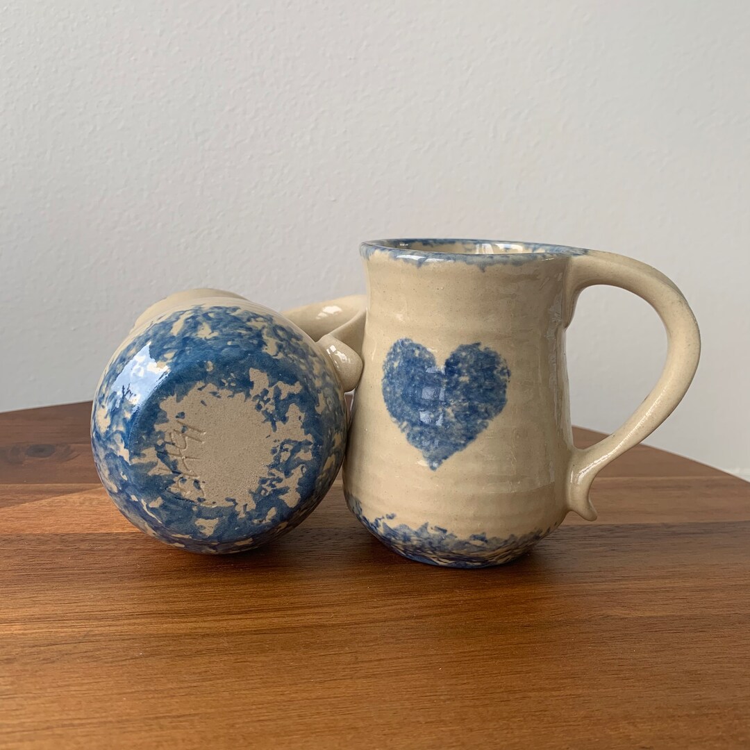 Vintage Heart Coffee Mug, Valentines Day Coffee Cup, Spongeware Coffee ...