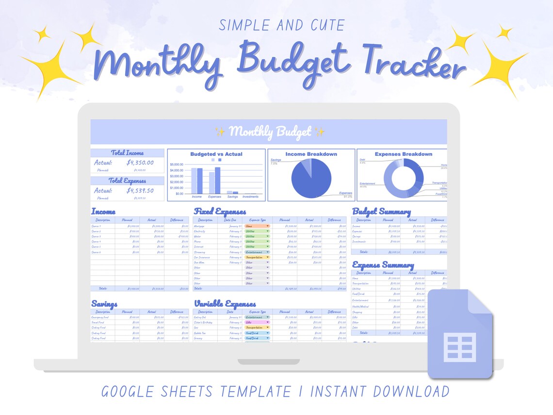 Monthly Budget Template for Google Sheets | Simple Budget Template ...