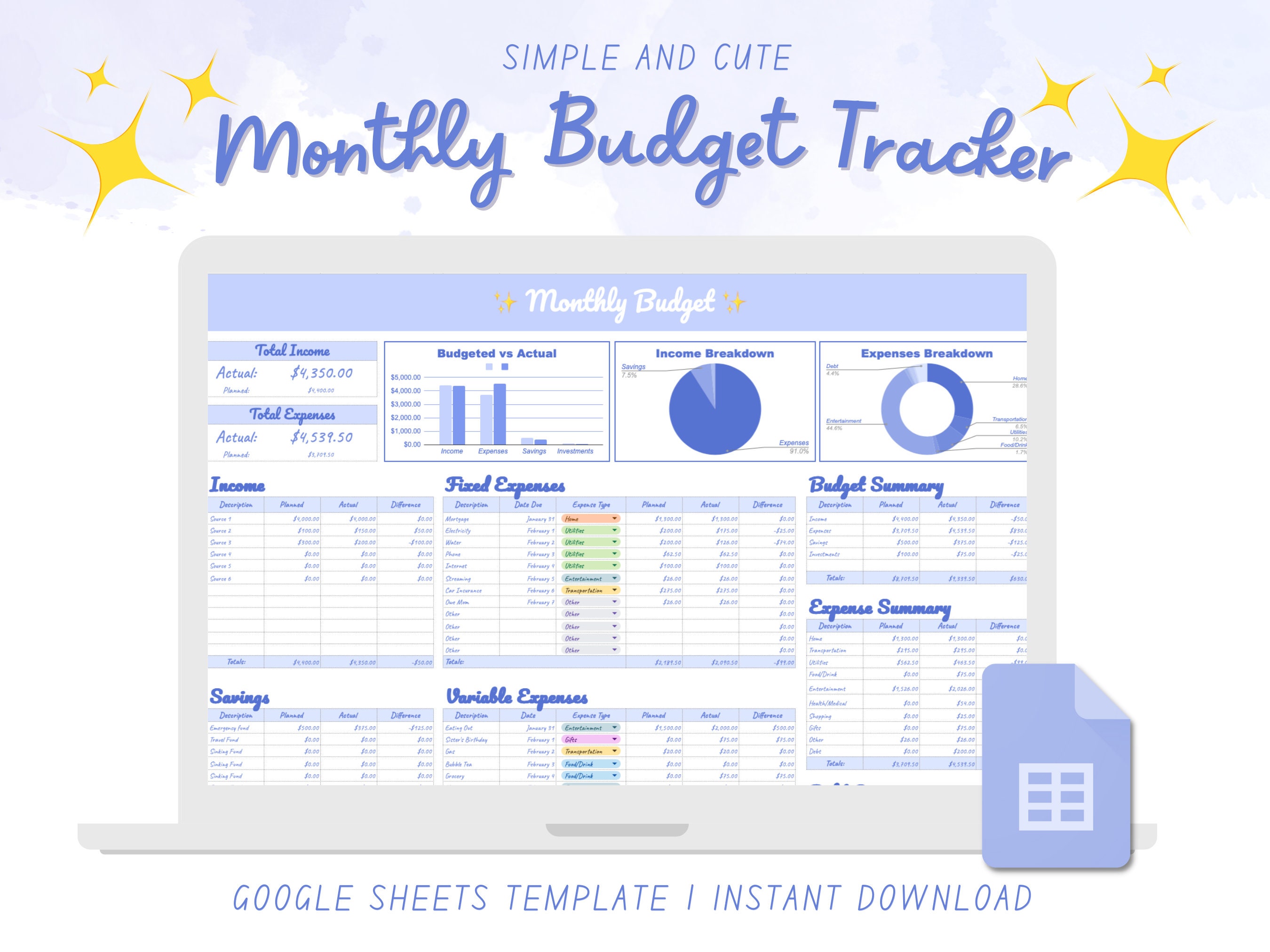 Monthly Budget Template for Google Sheets | Simple Budget Template ...