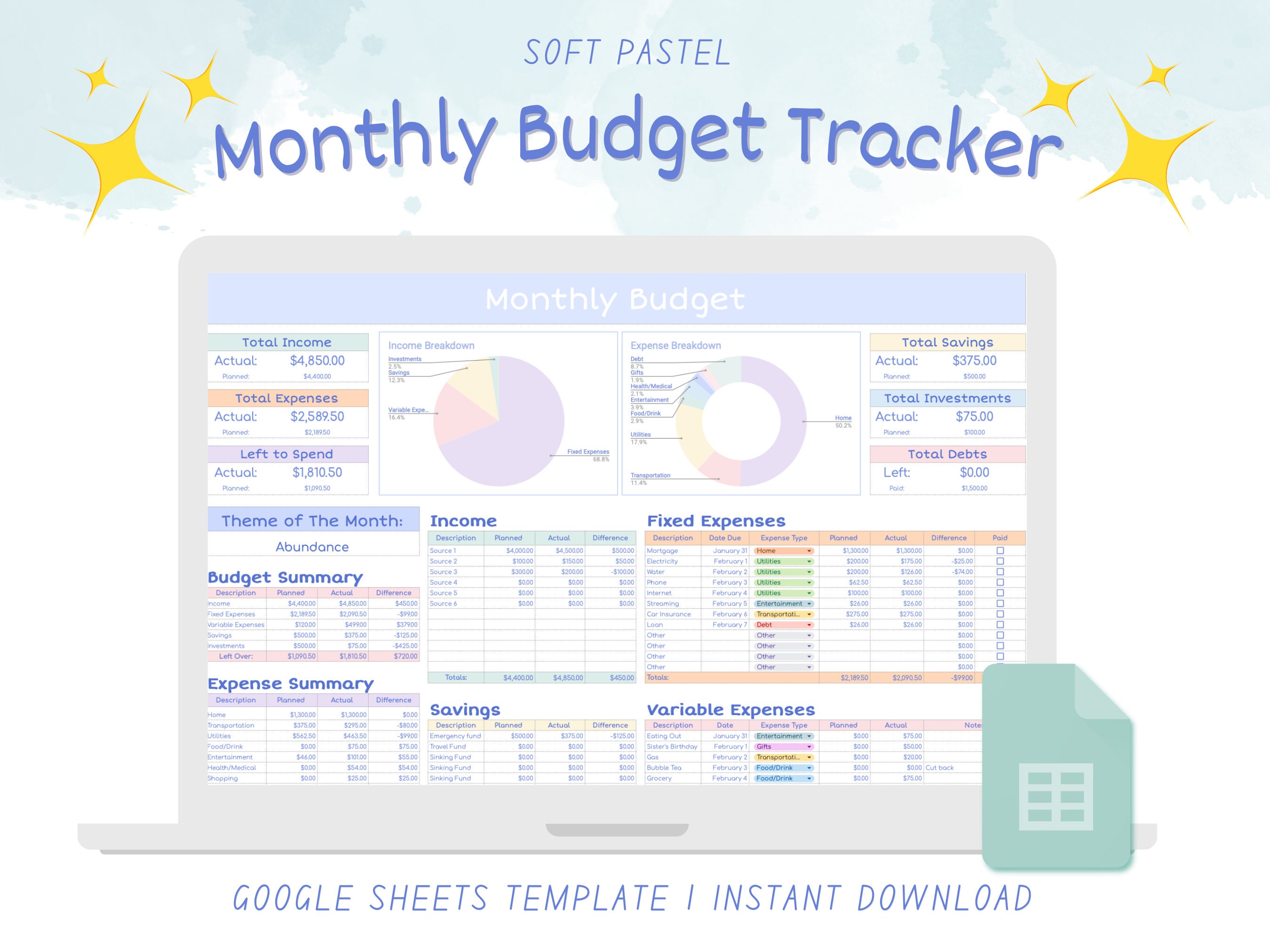 Pastel Monthly Budget Template for Google Sheets | Budget Spreadsheet ...