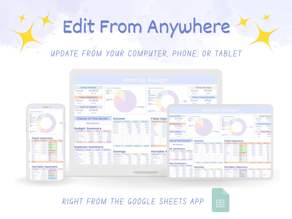 Pastel Monthly Budget Template for Google Sheets Budget Spreadsheet ...