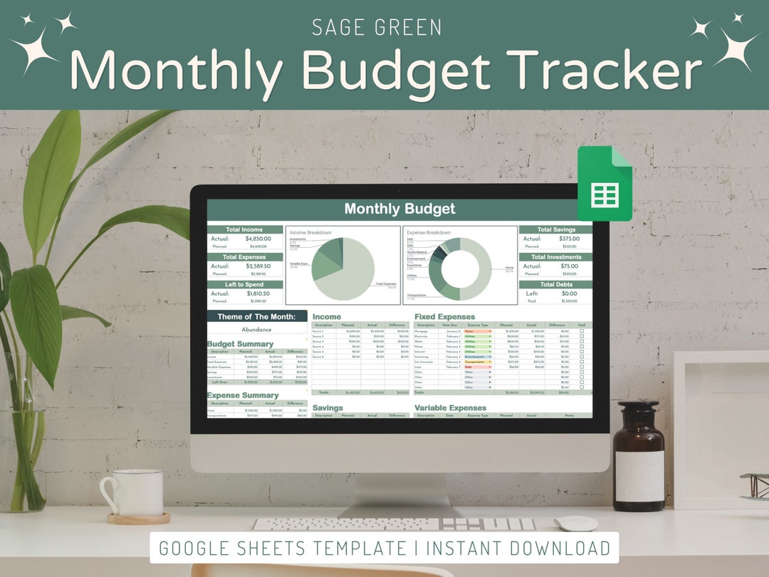 Sage Green Monthly Budget Template for Google Sheets | Budget ...