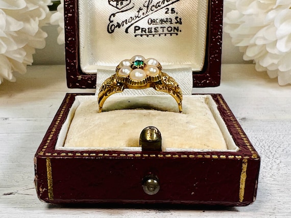 Antique Emerald and Split Pearl 15K Gold Cluster Lock… - Gem