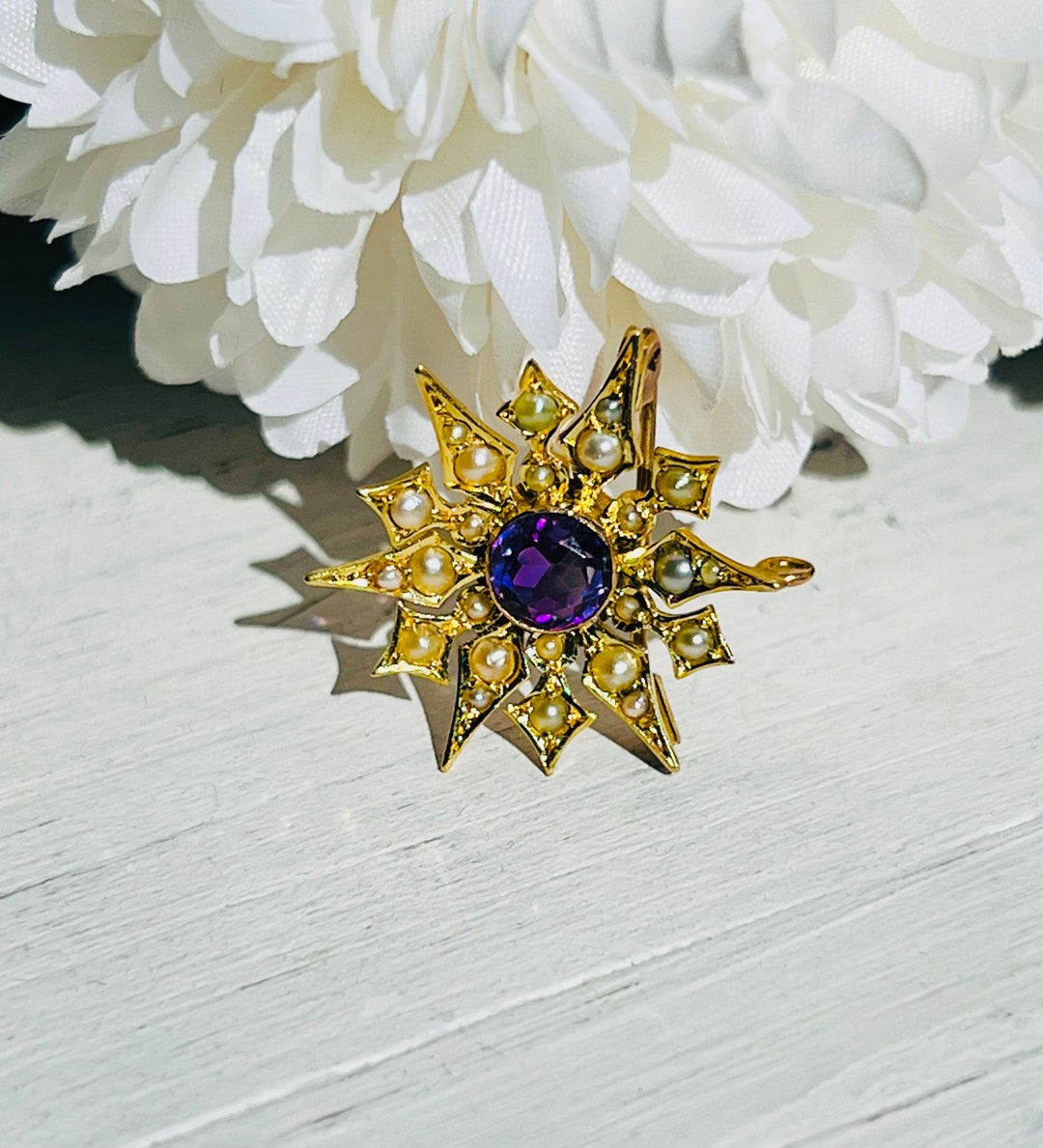 Vintage Amethyst Seed Pearl 10K Gold Starburst Snowflake Pendant Brooch ...