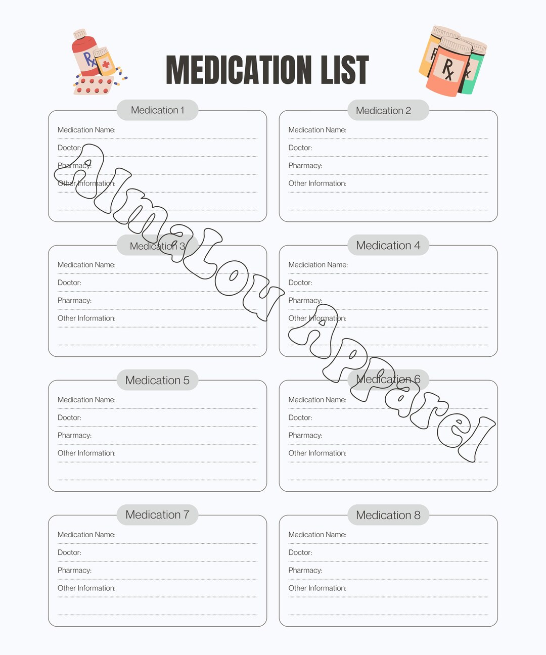 Digital Medication List Instant Download Editable Prescription Template ...