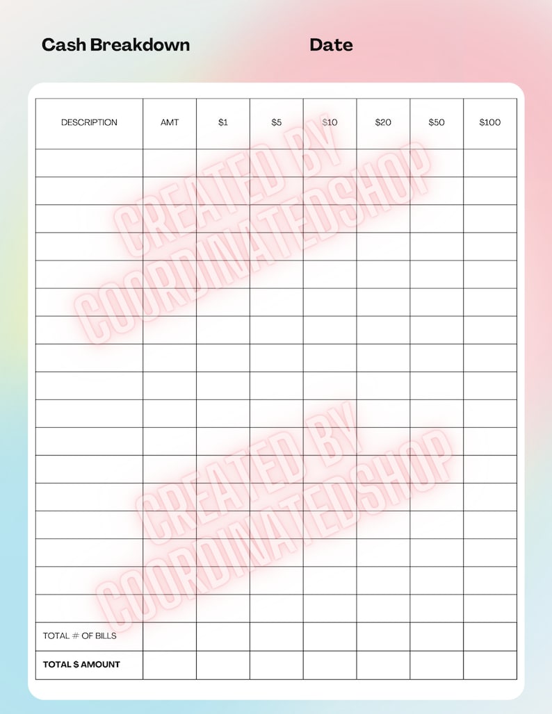 Cash Breakdown Worksheet - Etsy