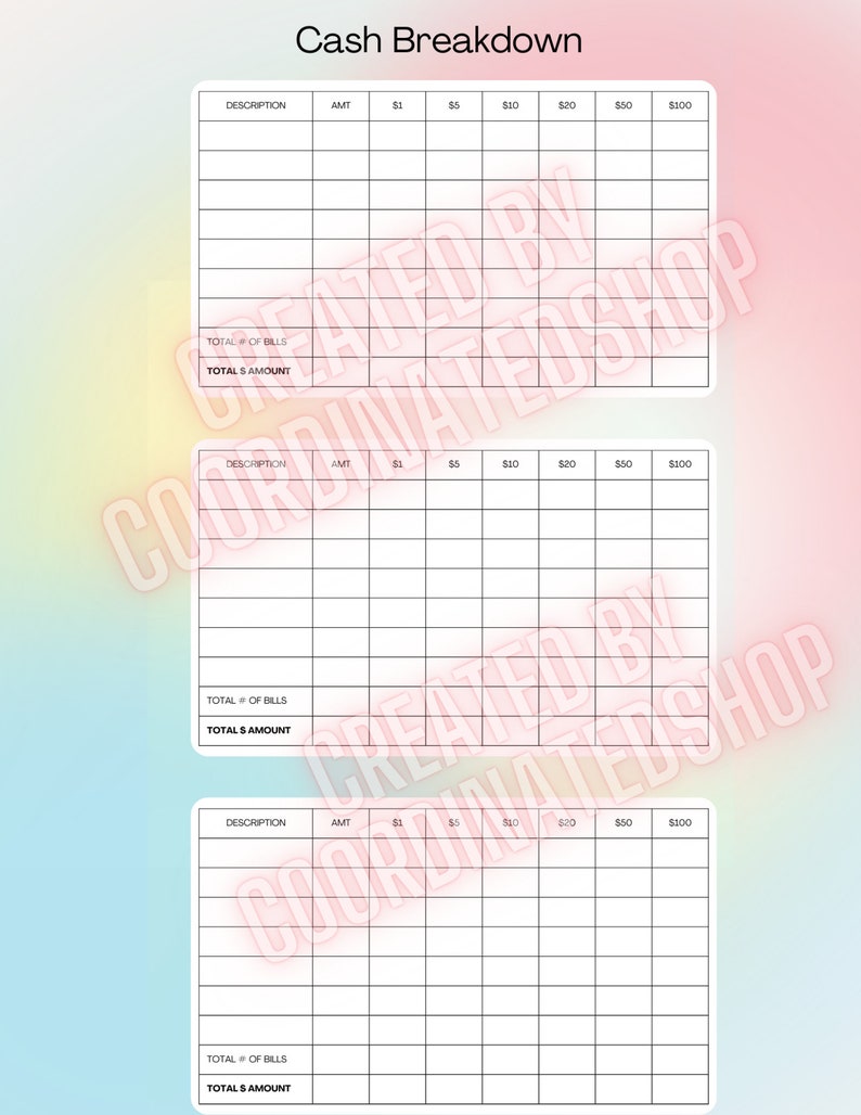 Cash Breakdown Worksheet - Etsy