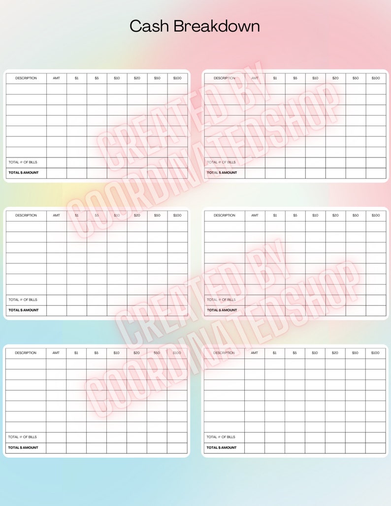Cash Breakdown Worksheet - Etsy