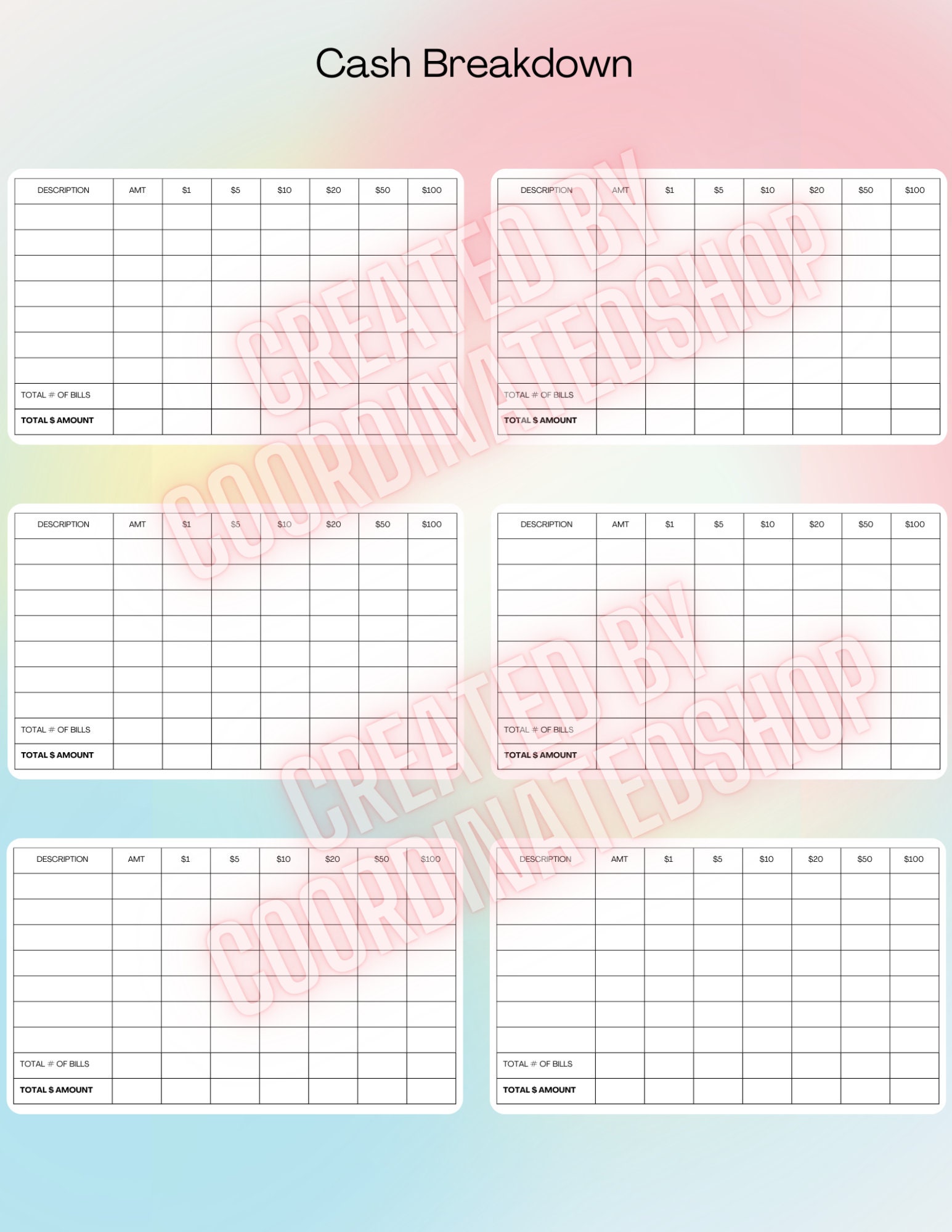 Cash Breakdown Worksheet - Etsy