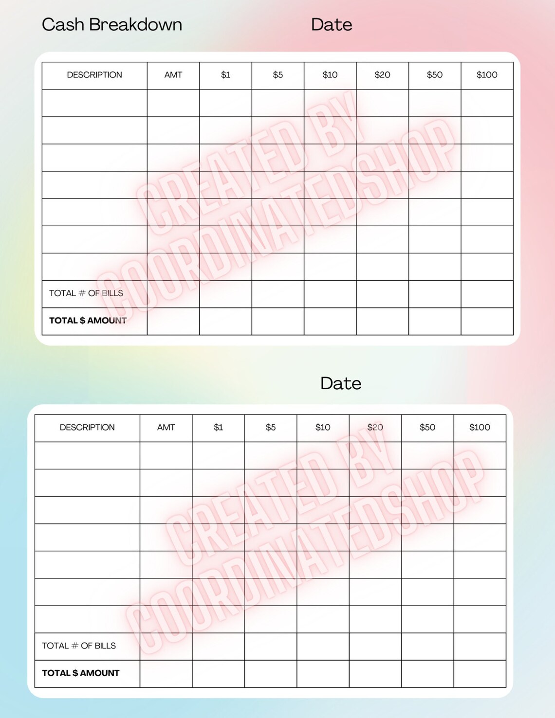Cash Breakdown Worksheet - Etsy