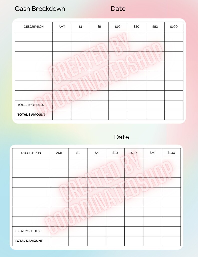 Cash Breakdown Worksheet - Etsy