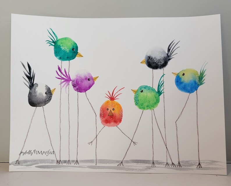 Chubby Bird Family of 7, Cute, Colorful, Watercolor Painting, Whimsical ...