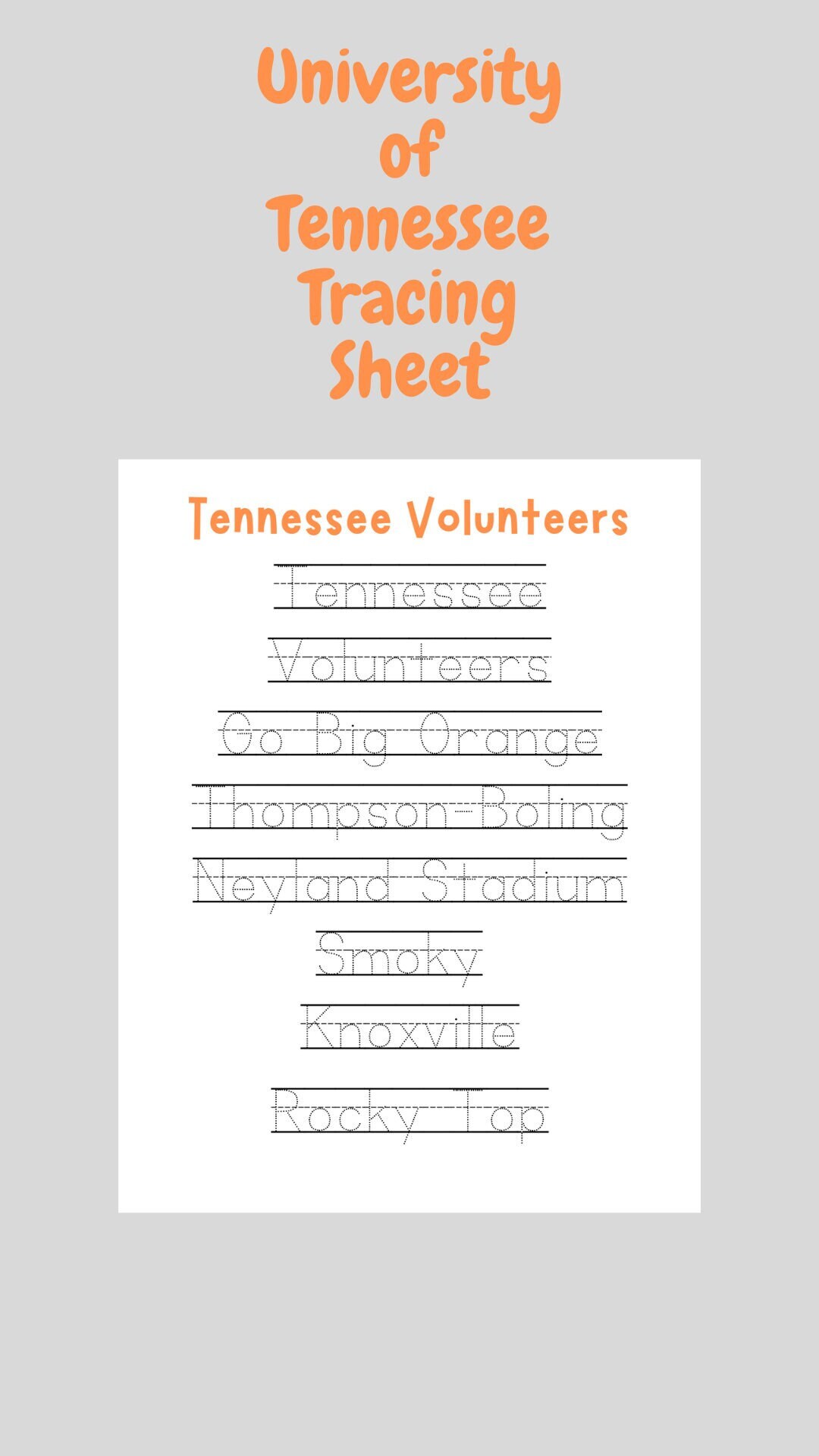 Tennessee Volunteers Tracing Sheet Kids Preschool Kindergarten Learning ...